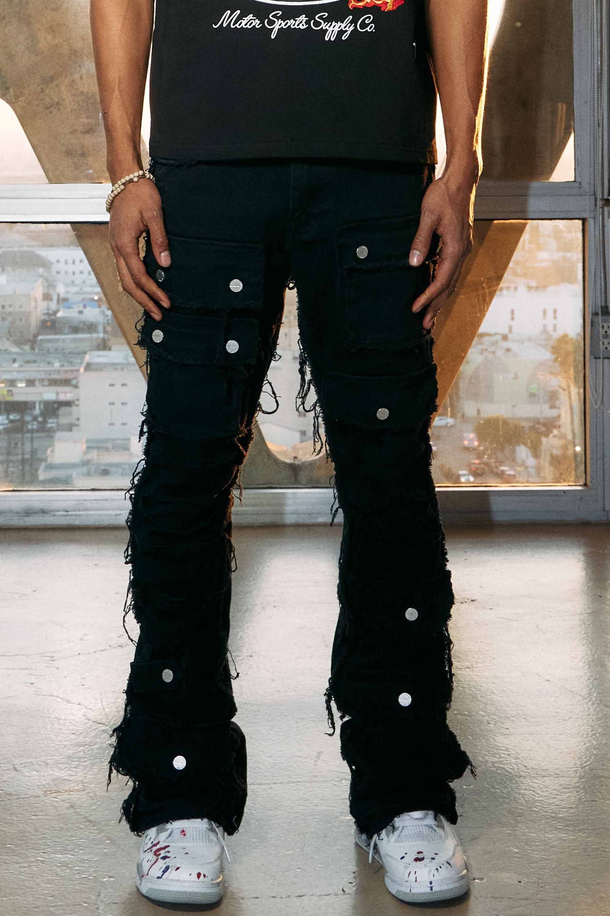 First Row Men's Long Denim Cargo Pockets Fringe Stack Jeans ...